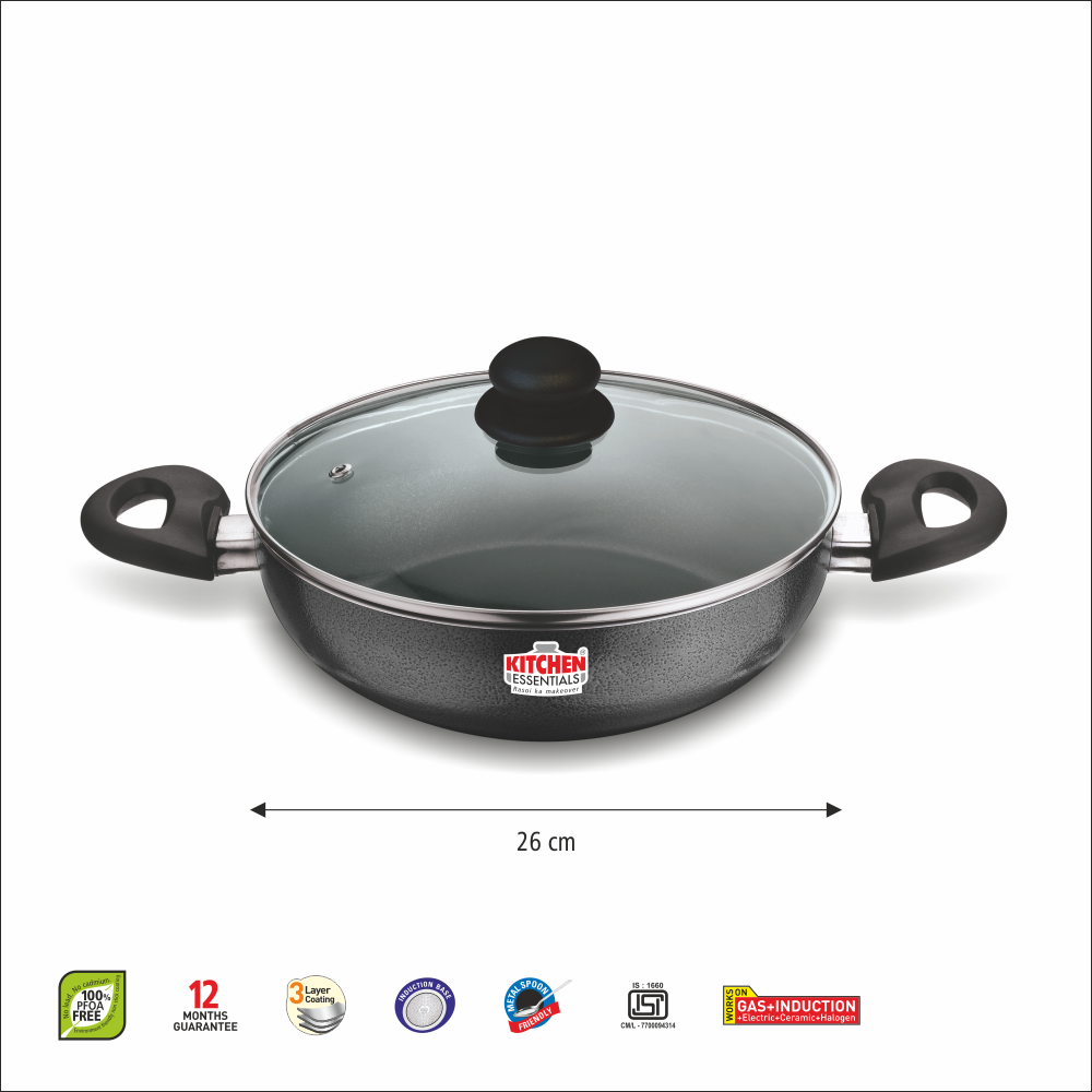 Non-Stick – Induction Based Kadai with Glass Lid (Hammer Tone Finish ...